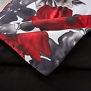 ZEIMON 7 Piece Bed in A Bag Queen Floral Comforter Set, Black and Red Botanical Flowers Leaves Comforter and Sheet Set, Soft Lightweight Microfiber Bedding Sets for All Season(Black,Queen)