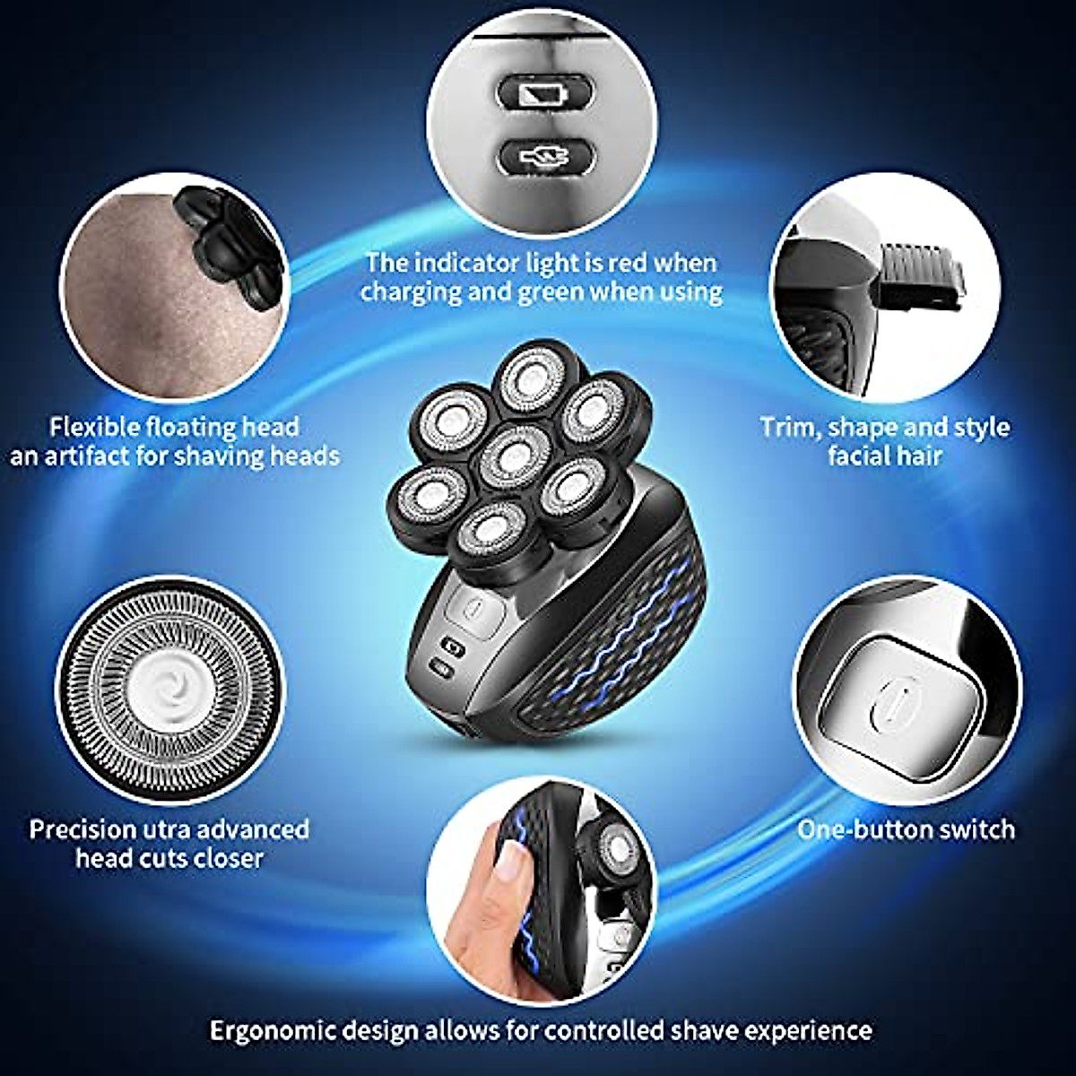 Roziaplus 7D Head Shavers for Bald Men 5 in 1 Waterproof Electric Razor for Men Bald Head Shaver Cordless Mens Electric Shavers Trimmer Wet Dry Shave Balding Clippers Rechargeable Rotary Shaver