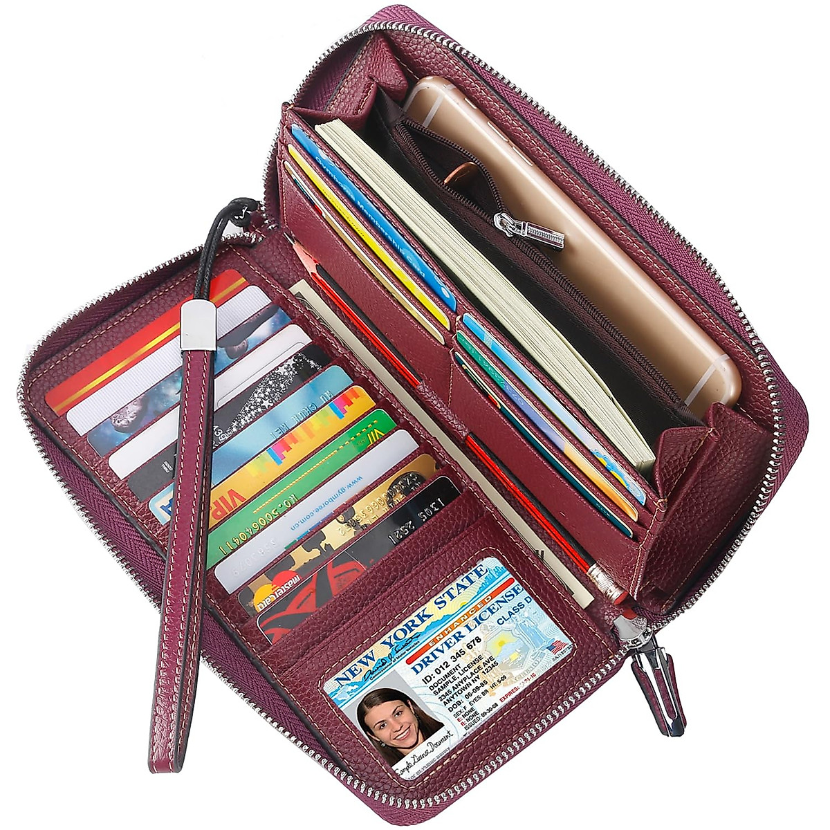 Lavemi Women's RFID Blocking 100% Leather Large Capacity Zip Around Wallet Phone Holder Clutch Travel Purse Wristlet(Large Size Pebbled Dark Magenta)