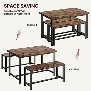IDEALHOUSE Dining Table Set for 4, Kitchen Table with Benches, Rectangular Dining Room Table Set with 2 Metal Wood Benches, 3 Piece Dining Table Set for Small Space, Apartment, Studio, Rustic Brown