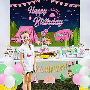 Girl Camping Party Decorations - Pink Camping Party Decorations with Happy Birthday Camping Backdrop, Cake Topper, Banner Garland, Cupcake Topper for Camping Themed Birthday Party Supplies