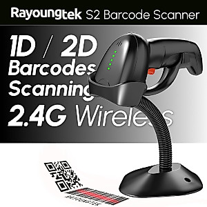 Rayoungtek Wireless 1D/2D QR Code Barcode Scanner, Automatic Scanning with Stand, 2.4G Wireless and Wired Bar Code Reader Handheld Battery-Powered Barcode Scanner