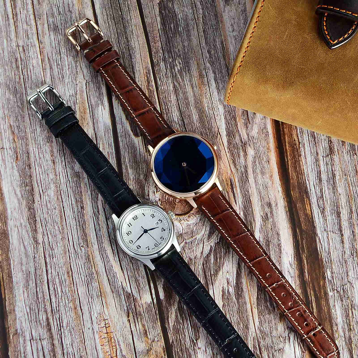 WOCCI 19mm Watch Band, Italian Leather, Embossed Alligator Grain, Gold Buckle (Brown)