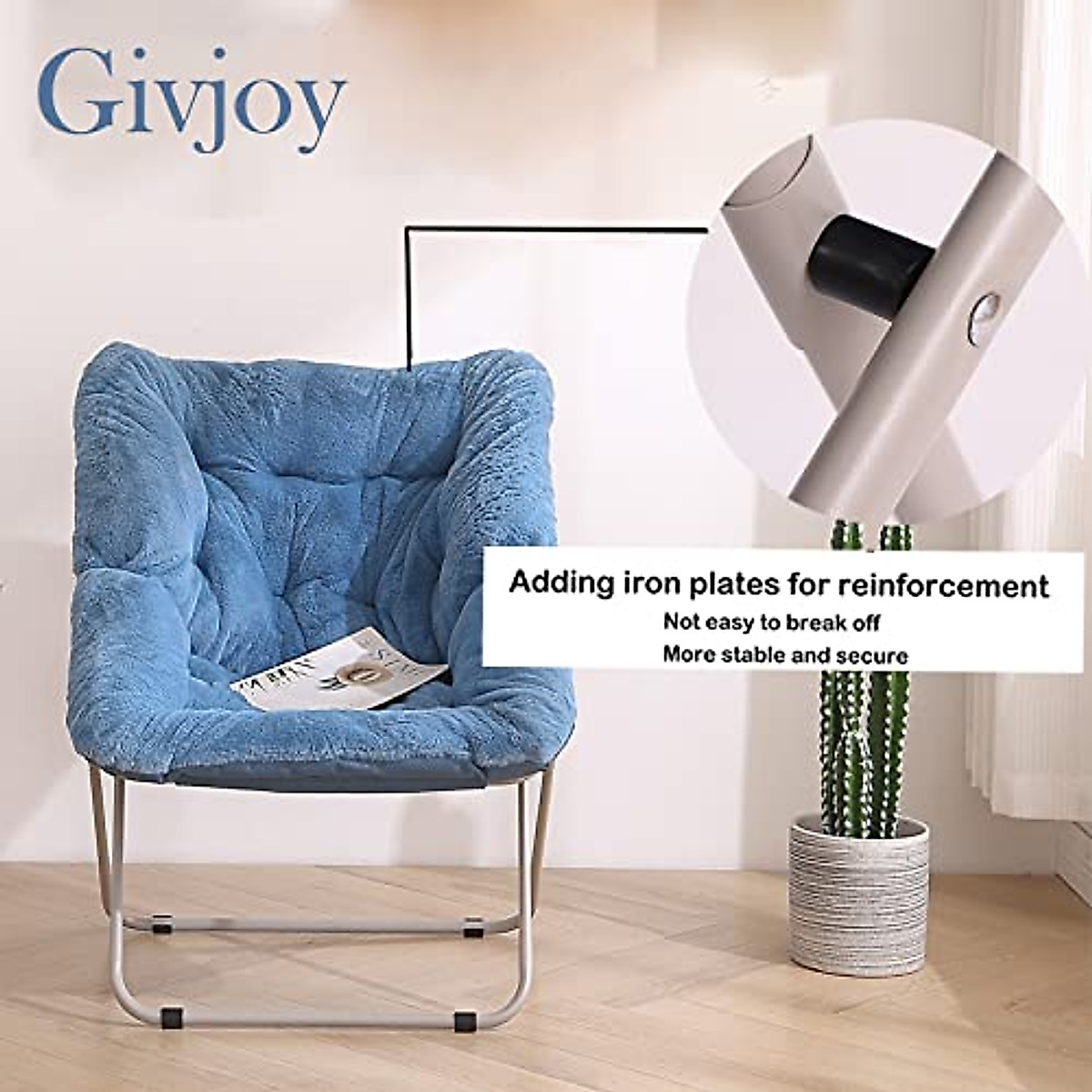 Givjoy Saucer Chair, Soft Faux Fur Oversized Folding Accent Chair, Soft Furry Lounge Lazy Chair, Metal Frame Moon Chair for Bedroom, Living Room