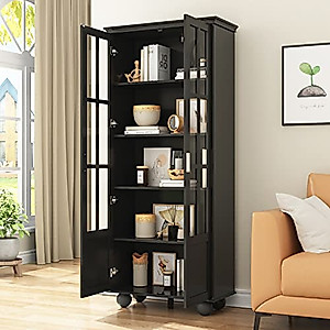 ECACAD 5-Tier Tall Bookcase Storage Cabinet with 2 Acrylic Doors & Shelves, Wooden Bookshelf Display Cabinet for Living Room, Office, Black (31.5”L x 14”W x 72.3”H)