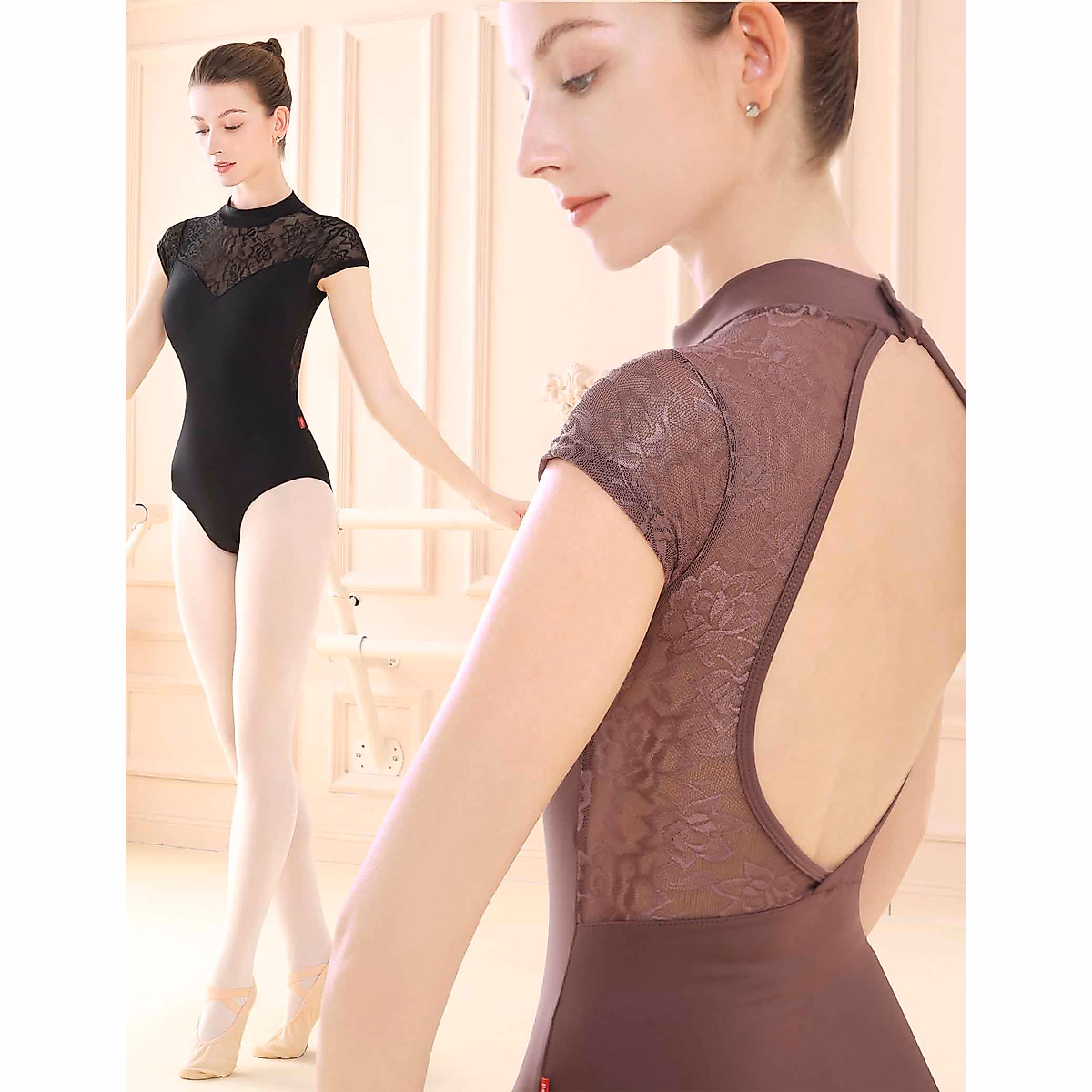 Daydance Lace Brown Women Dance Leotards, Cap Sleeve Ballet Clothes for Adult