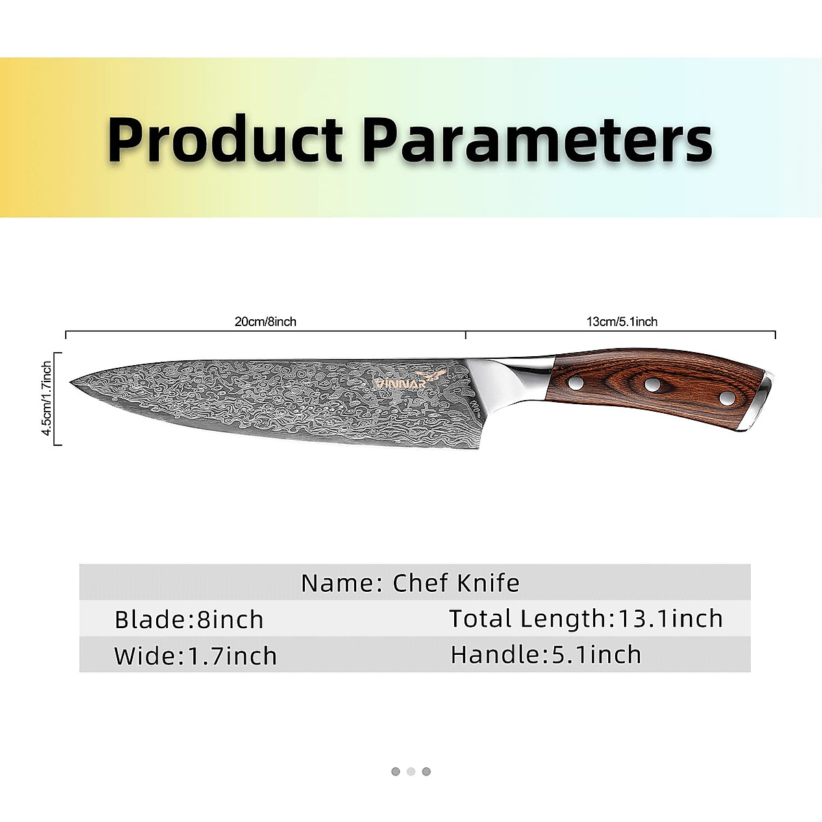 VINNAR Chef Knife,Professional Kitchen Knives 8 inch Japanese Stainless Steel Meat Cleaver Colored Solid Wood Handle