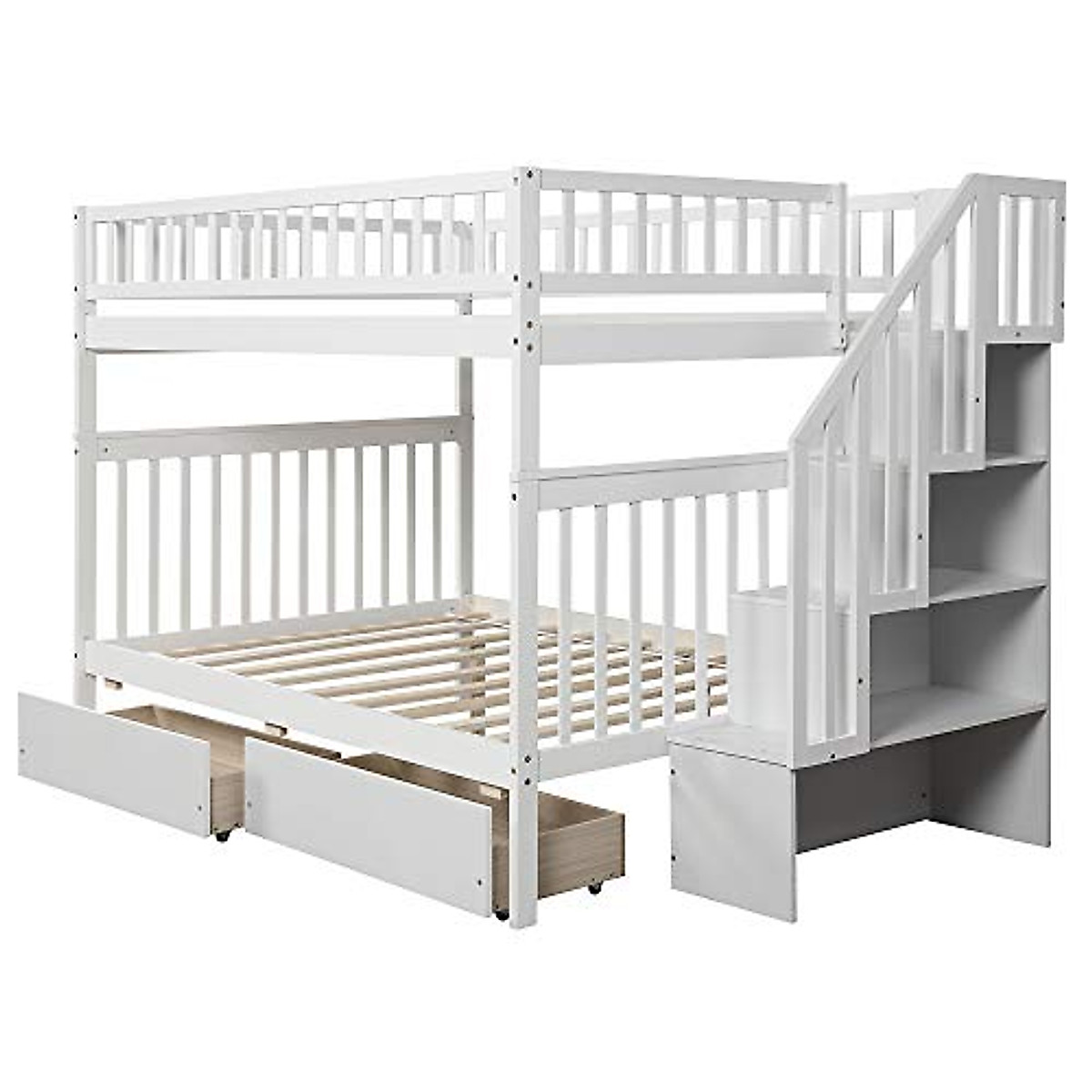 Full Over Full Bunk Beds, Solid Wood Full Bunk Beds with Two Drawers, Inner Bookcase and Stairway for Kids and Teenages, White
