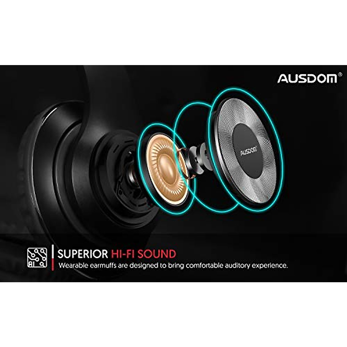 Ausdom Kids Headphones Lightweight Over-Ear Wired HiFi Stereo Headphones with Built-in Mic Comfortable Leather Earphones- Black