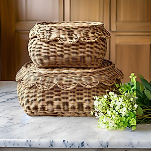 Small Basket Set of 2, Hand Woven Scallop Rattan Baskets - Storage Basket with Lid, Nursery Storage, Scalloped Edge Basket, Scalloped Wicker Basket, Home Decor for any room 15 x 10 x 6