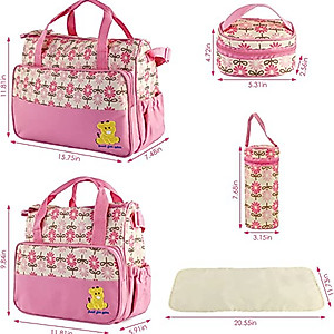 KOCASO 5PCS Baby Nappy Diaper Bags Set Mummy Diaper Shoulder Bags w/Nappy Changing Pad Insulated Pockets Travel Tote Bags For Mom Dad (Pink)