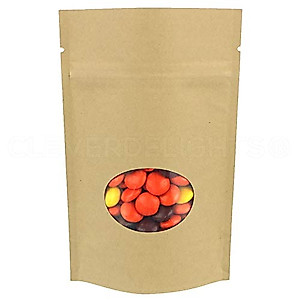 CleverDelights Kraft Window Stand Up Pouches - 2oz - 100 Pack - 4" x 6" x 2" - Resealable Bag