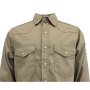 KONRECO FR Shirts for Men Long Sleeve Flame Resistant Pearl Snaps Cotton Men's Welding Shirts Khaki- Size L