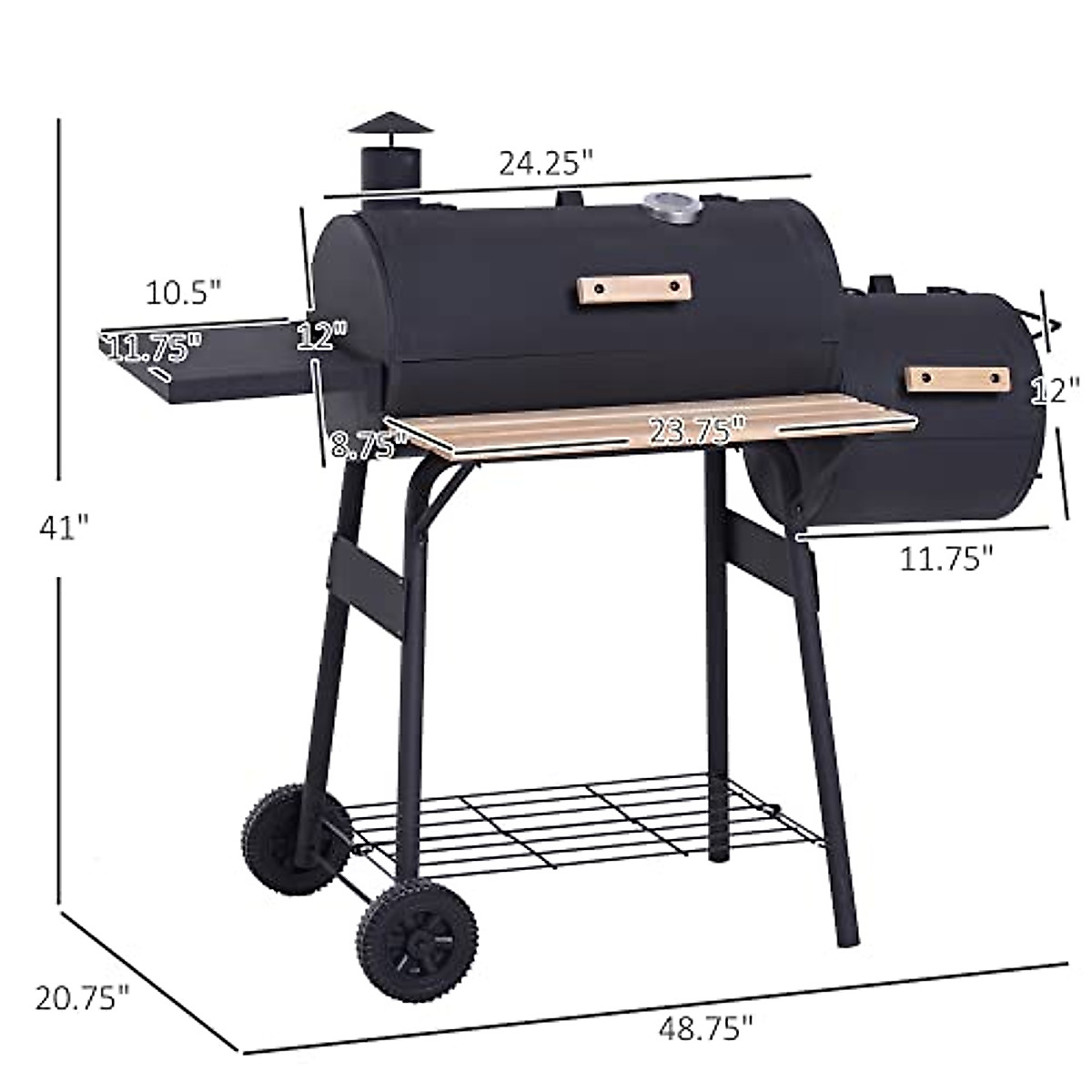 Outsunny 48" Steel Portable Backyard Charcoal BBQ Grill and Offset Smoker Combo with Wheels