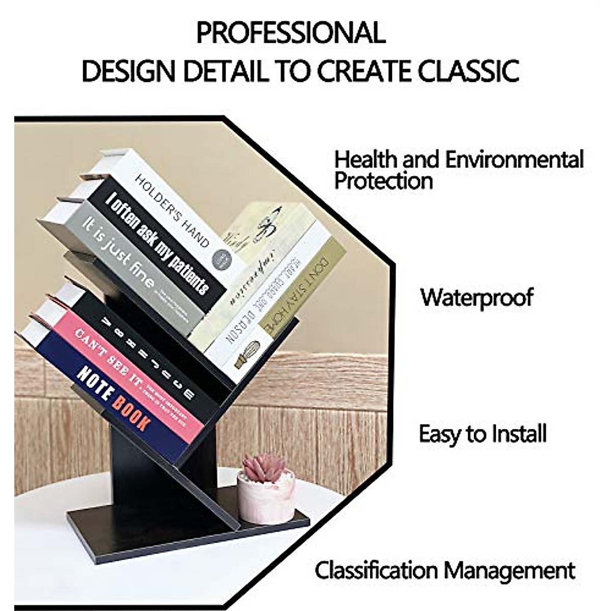 Lydia88 Tree Bookshelf，2-Layer Floor Standing Bookshelf，The Desktop Bookshelf Can Hold Books，Magazines, CDs and Photo Albums，Desktop Organizer，Office Storage Rack Real Wooden Bookshelf，Black