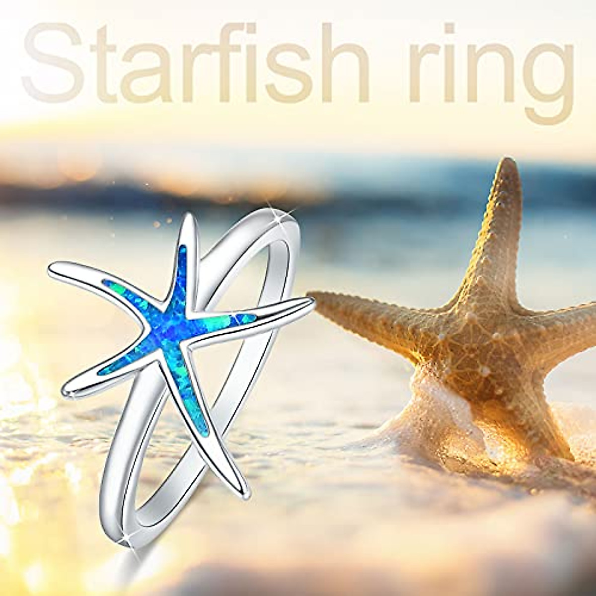 Cuoka Starfish Rings for Women, 925 Sterling Silver with Blue Opal Promise Hawaiian Beach Nautical Ocean Statement Fidget Ring Jewelry Birthday For Friend Wife