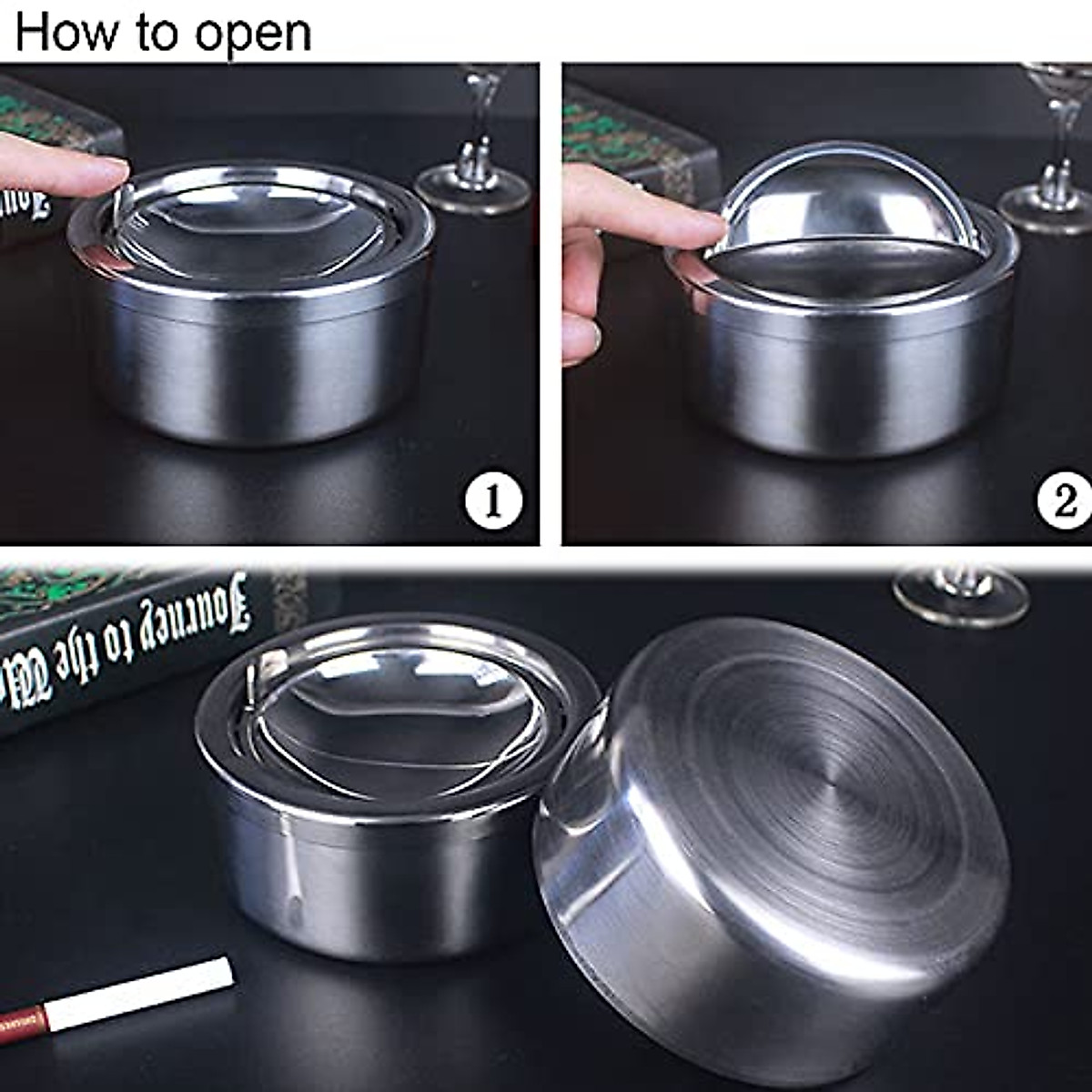 Outdoor Ashtray with Lid, hanlongyu Flip Top Stainless Steel Ash Tray Sets for Weed, Metal Windproof Ashtrays for Cigarettes, Smokers, Desktop Smoking Ashtray Office Patio Home Decor