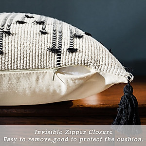 LIGICKY Boho Lumbar Pillow Covers Decorative Woven Tassel Throw Pillows Rectangle Pillow Sham Black and Off White Pillowcase for Couch Sofa Bed Car 12x20 Inch