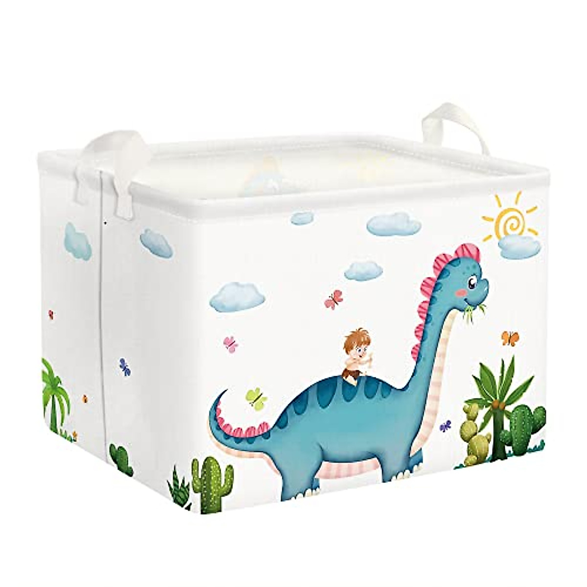 Clastyle Blue Dinosaur Baby Playing Trees Shelf Basket for Kids Room Butterflies Clouds Rectangle Book Toy Clothes Cube Storage Basket, 36L