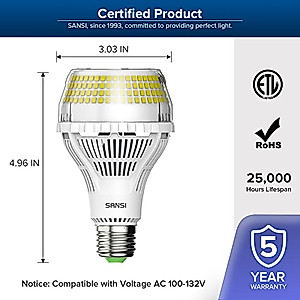 SANSI 400W Equivalent LED Light Bulb, 6000 Lumens Brightest LED Bulb, 5000K Daylight E26 A21 Super Bright Light Bulb Non-Dimmable, 22-Year Lifetime, 40W Power Energy Saving LED Bulb for Home Workshop
