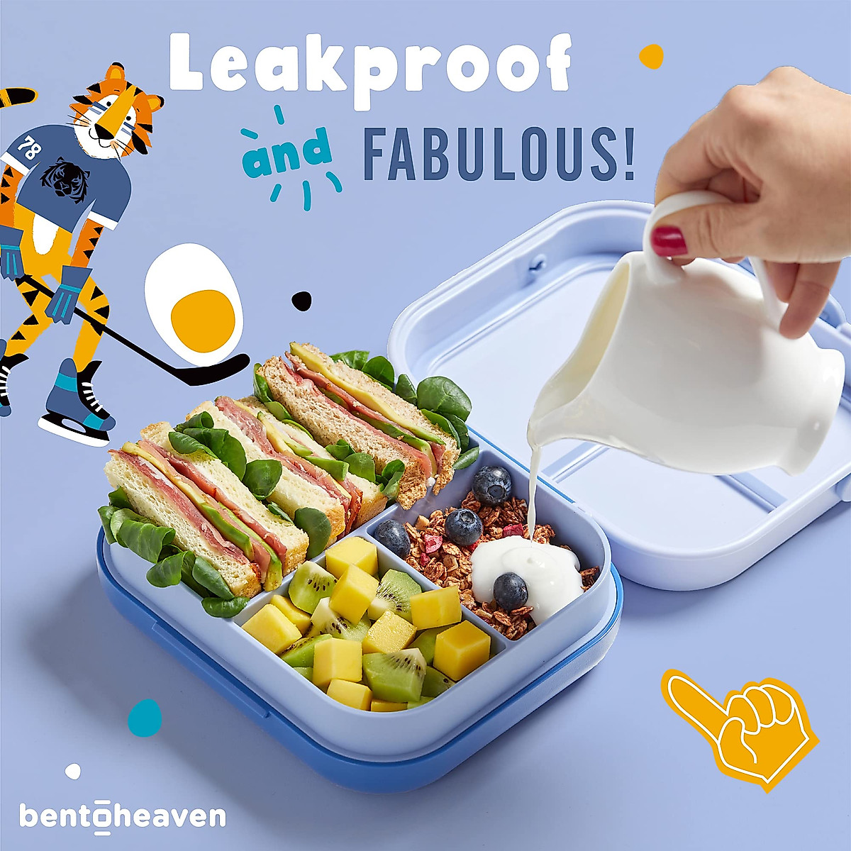 Bentoheaven Premium Bento Lunch Box for Kids, 9 Designs, Leak-proof 3-4 Compartments, Divider, Ideal size 30oz, Microwave/Dishwasher Safe Kids Bento Box (Loncheras Para Niños/Niñas)[Ice Blue]