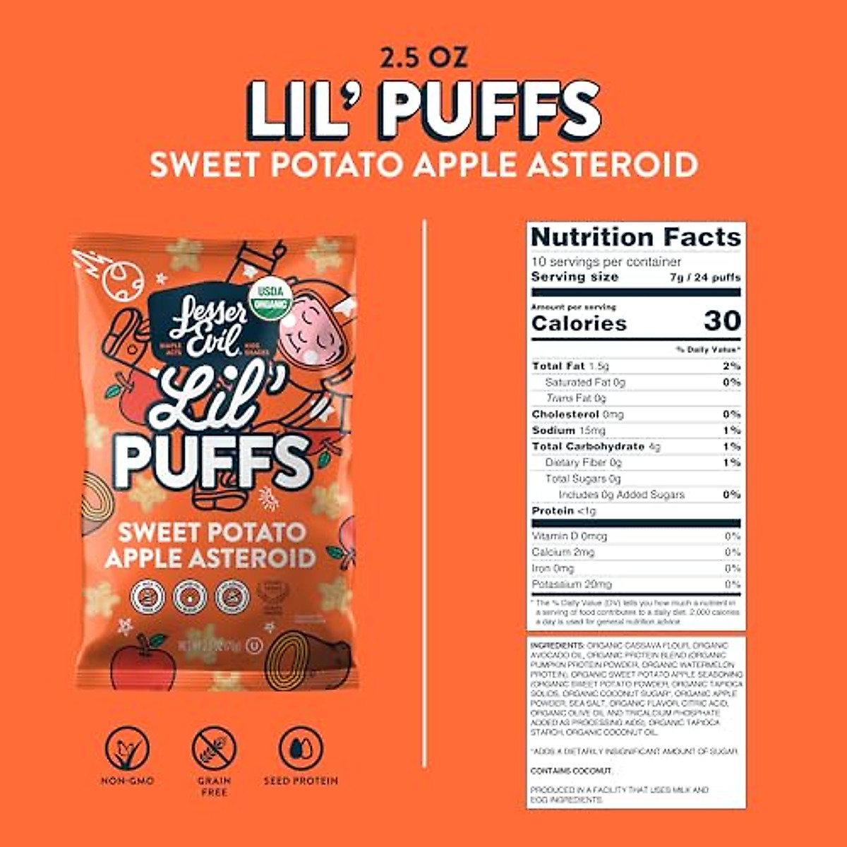 LesserEvil Organic Sweet Potato Apple Lil' Puffs, 2.5 OZ