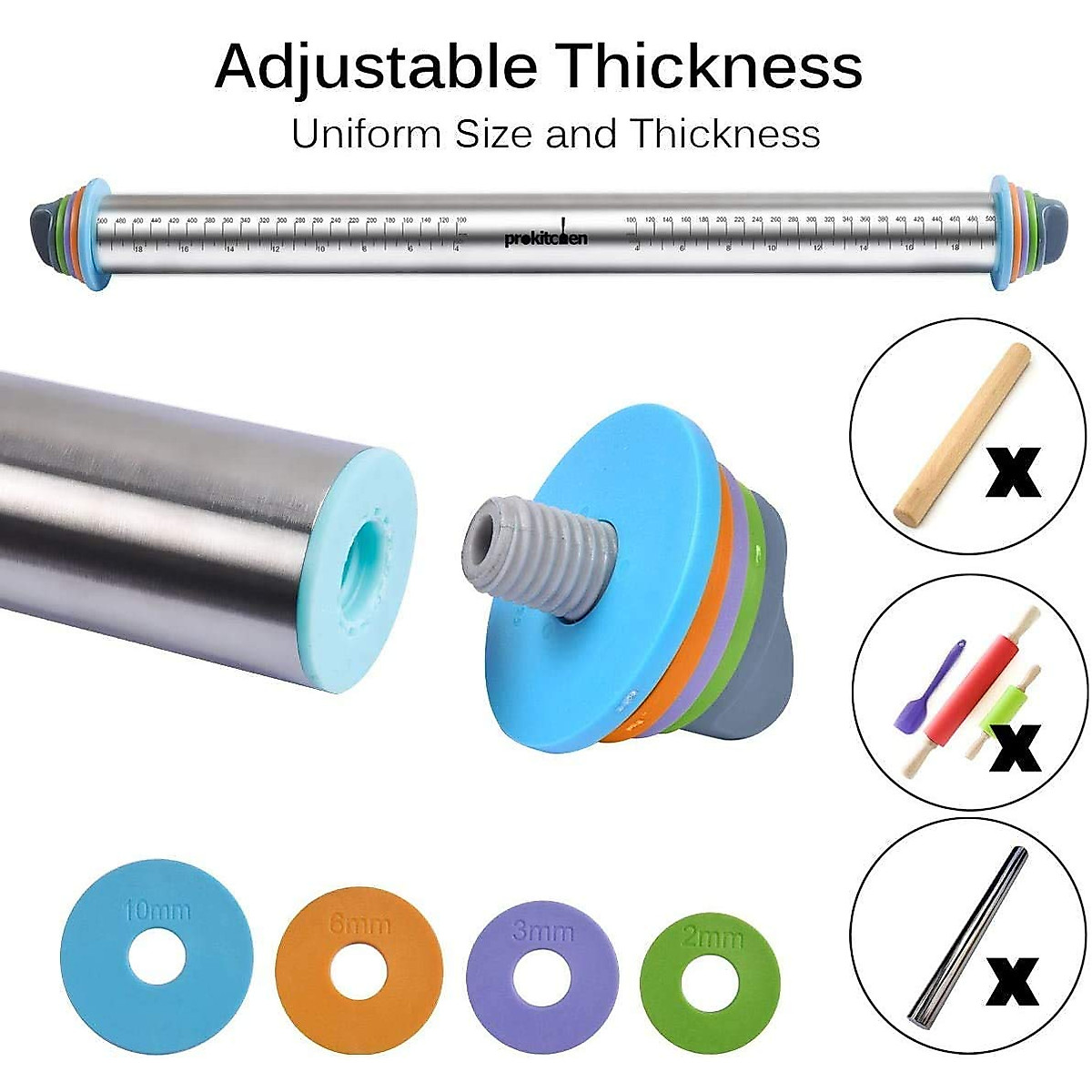 Prokitchen 23.6 Inch Rolling Pin with Thickness Rings-Adjustable Stainless Steel Roller Guides Spacers Baking Tools for Dough Pizza Pie and Cookies