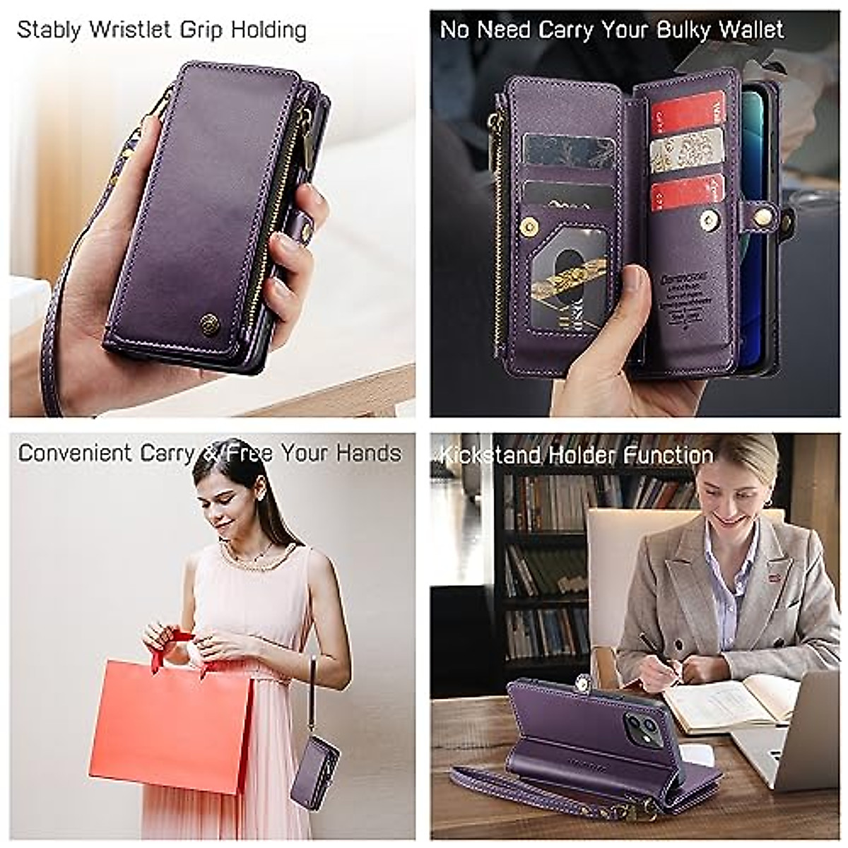 Defencase iPhone 12/12 Pro Case, RFID Blocking iPhone 12 Wallet Case for Women Men with Card Holder, Zipper Pocket Magnetic Flip PU Leather Strap Protective Cover for iPhone 12/Pro Phone Case, Purple