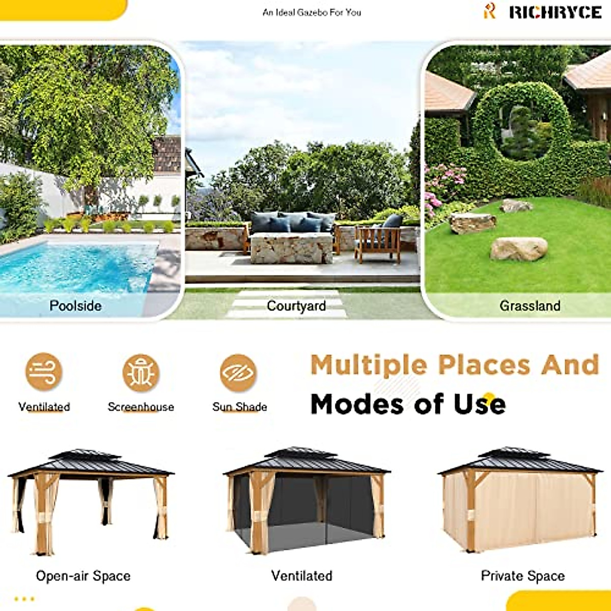 RICHRYCE 13' x 15' Solid Wood Gazebo, Hardtop Gazebo Plastic Sprayed Metal Roof Outdoor Gazebo Canopy Double Vented Roof Pergolas Wood Frame with Netting and Curtains for Garden, Patio, Lawns