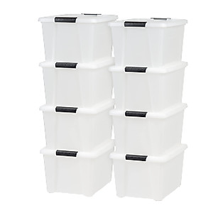 IRIS USA 33 Quart Stackable Plastic Storage Bins with Lids and Latching Buckles, Containers with Lids and Latches, Pearl, 8 Pack