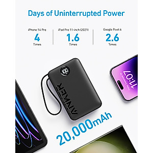 Anker Power Bank Battery Pack, 20,000mAh 22.5W High Speed Charging Portable Charger with Built-in USB C Cable, 1 USB-C, 1 USB-A, for iPhone 15/15 Plus/15 Pro/15 Pro Max, MacBook, Galaxy