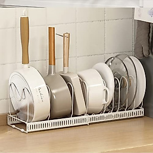 Rerii Pan Organizer Rack for Cabinet, Expandable Pots and Pans Organizer Rack, Cutting Board Pot Lid Holder Dish Drying Racks with 10 Adjustable Dividers for Kitchen Counter