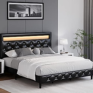 Modern Upholstered Platform Bed Frame with LED Headboard, Faux Leather Low Profile Platform Bed Frame, Strong Wood Slat Support, Adjustable Upholstered Headboard, Easy Assembly, Black, Queen Size