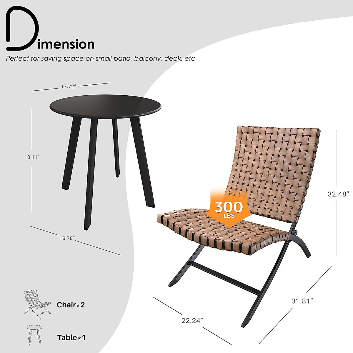 Grand patio 3-Piece Outdoor Folding Adirondack Chairs, Weather Resistant Wicker Patio Bistro Chairs and Coffee Table for Balcony Lawn Porch Garden, Natural Brown