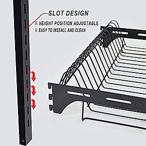 Kitchen Dish Rack,Hanging Drying Plate Organizer Storage Shelf over the Sink,junyuan 2 Tier Wall Mount Bowl Holder with Drain Tray With 3 Hooks,Stainless Steel Black Coating (2 Tier, 16)