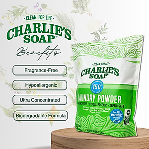 Charlie’s Soap Laundry Powder New (150 Loads, 1 Pack) Fragrance Free Hypoallergenic Plant Based Deep Cleaning Laundry Powder – Biodegradable Eco Friendly Sustainable Laundry Detergent