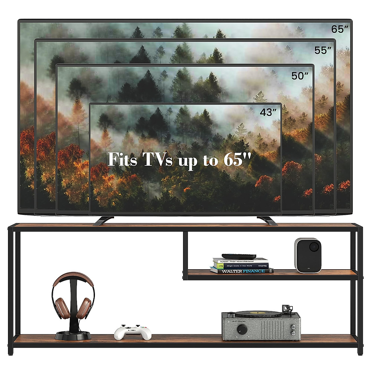 TECHMILLY Modern TV Stand for 65" TV, TV Table with Storage Shelves, Entertainment Center with Metal Frame, TV Console Table for Living Room, Bedroom, Rustic Brown