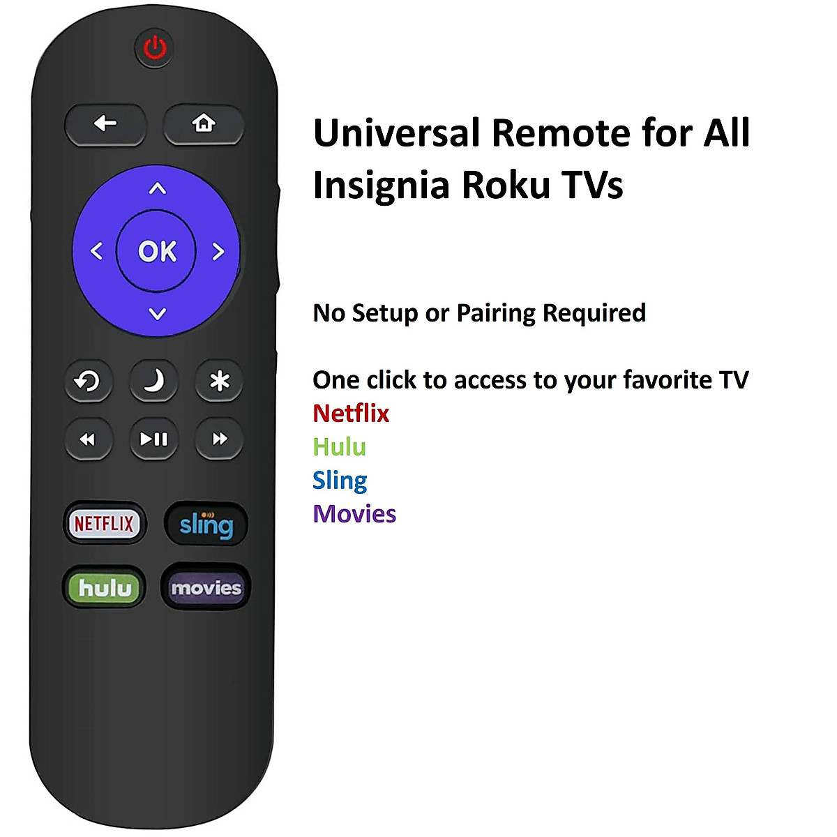 Universal Remote Control Compatible with All Insignia Roku TVs, All Insignia Roku Smart TV with Netflix/Sling/Hulu/Movies- No Setup Required