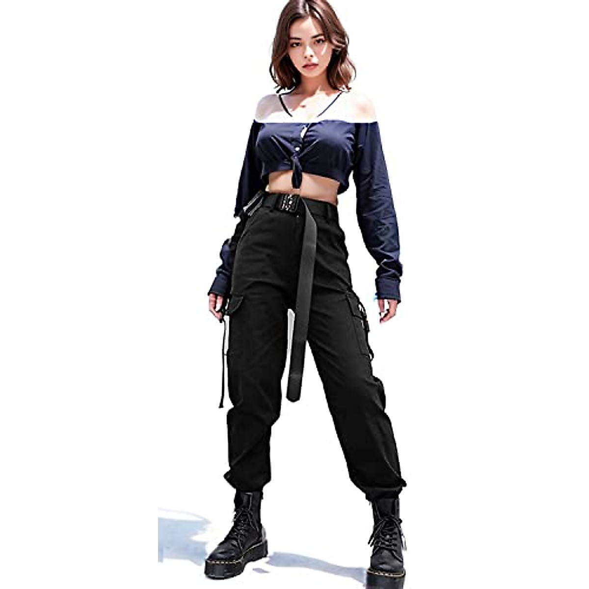 VANGULL Womens High Waisted Cargo Pants Pockets Casual Loose Combat Twill Trousers Girls Black