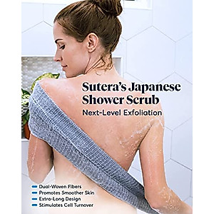 SUTERA - Exfoliating Shower Towel, Premium Japanese Scrub Wash Cloth, Deep Cleanse for Body Face, Microabrasion Duo Fibers Durable Quick Drying, Asian Spa Skin Care Bath Washclose, Extra Long Design