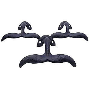 Navy Blue Whale Tail Cast Iron Wall Hooks, Wall Mounted for Hanging Coats, Purses, Towels, Hats, Beach Themed Wall Décor, Set of 3, 4.75 Inches High
