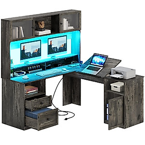 YITAHOME L Shaped Desk with Drawers & Hutch, 61" Computer Desk with Power Outlets & LED Lights, Corner Office Desk with Storage Cabinet, Drafting Table, Wood Desk, Grey
