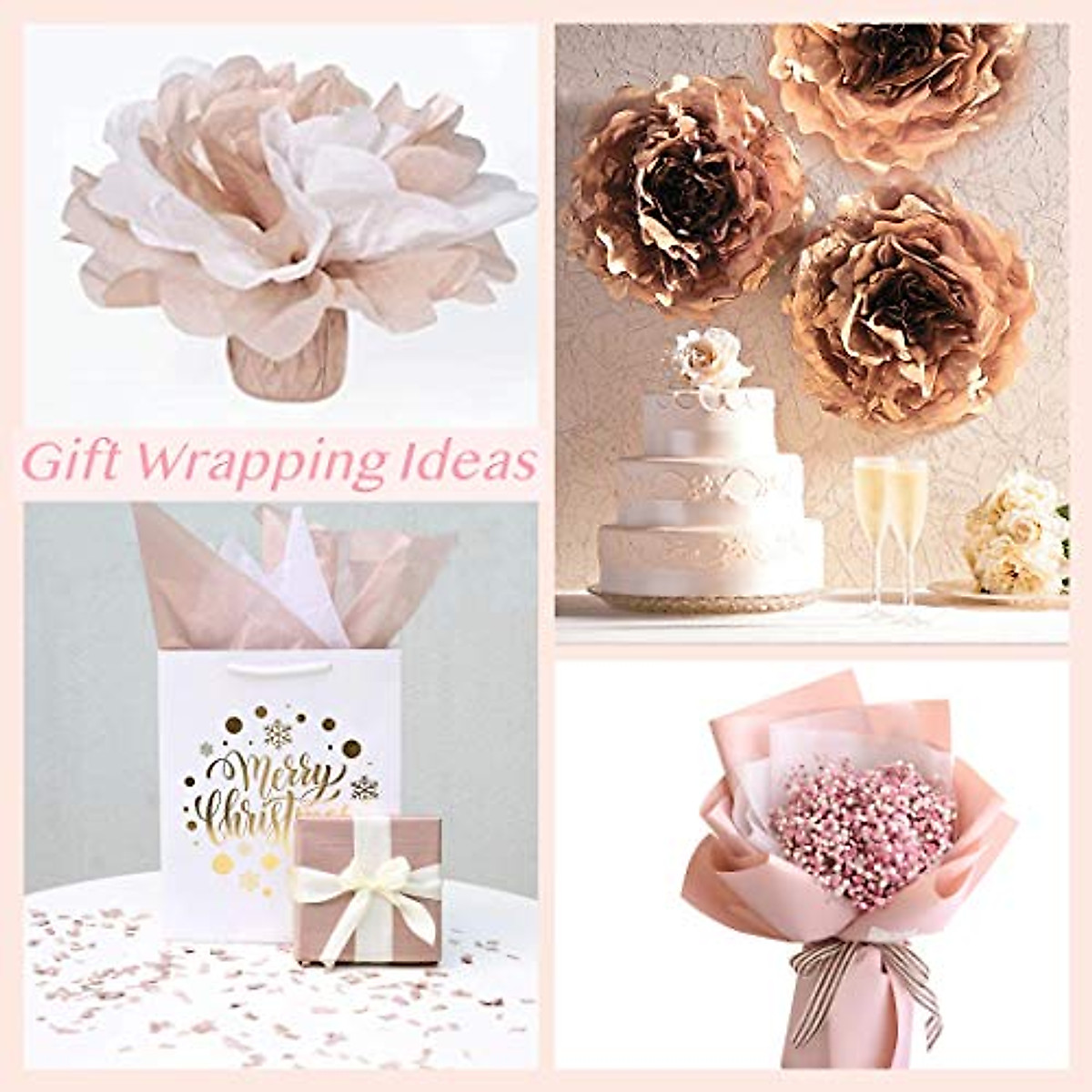 UNIQOOO 60 Sheets Assorted Metallic Rose Gold Pink Gift Wrapping Tissue Paper Bulk, Recyclable Durable, for Gift Bag Box Wrapping Crafts DIY, Wedding Birthday Party Favors, Tassel,Confetti, 20X26 Inch