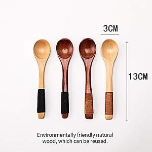 sansheng 4 Pcs Mini Wooden Spoons, Wood Soup Spoons for Eating Mixing Stirring Cooking, Handle Spoon with Japanese Style Kitchen Utensil, with Tied Line on Handle(13cm)