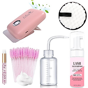 Eyelash Extension Cleanser Eyelash Fan, AREMOD 50ml Lash Shampoo for Lash Extensions 50pcs Eyelash Brush Cleaning Brush Makeup Remover Pad and Rinse Bottle for Lash Cleaning for Salon Home Use(pink)