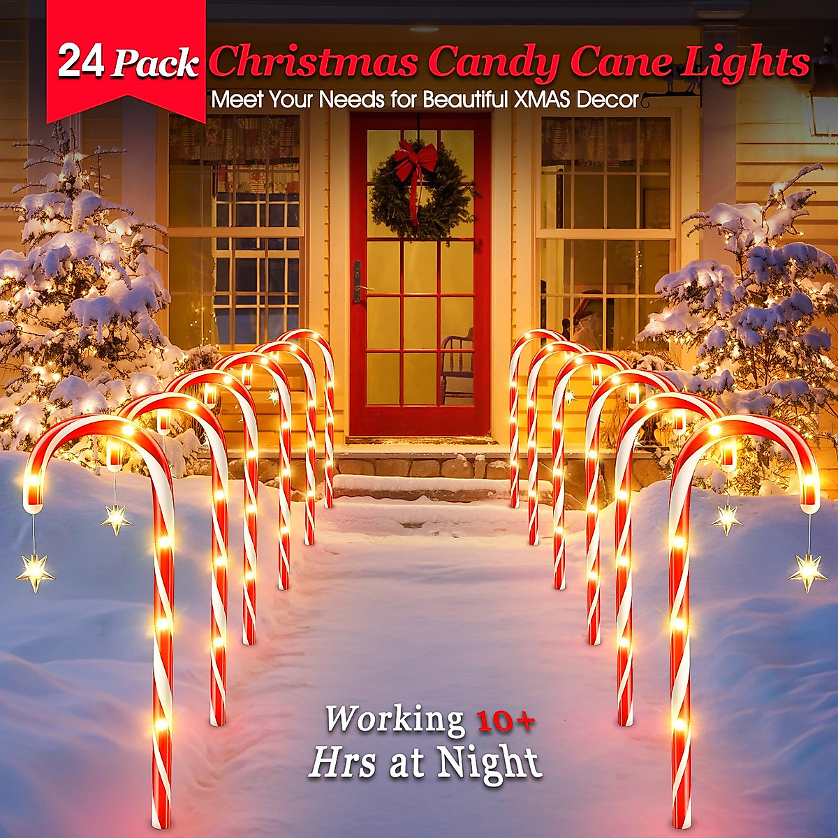 BONLION 24 Pack Christmas Lights Outdoor, 56.5ft Long Solar Candy Cane Lights 8 Modes Christmas Decorations Outside with 144 LED & Bright Star, Waterproof Yard Pathway Outdoor Christmas Decorations