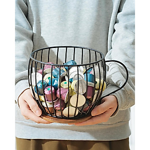 getstar Coffee Pod Holder, Large Black Wire Coffee Bar Accessories with Acacia Wood Base