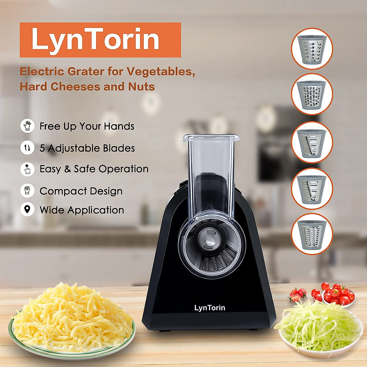 LynTorin Electric Cheese Grater, Electric Slicer/Shredder for Vegetable Fruits, One-Touch Control Electric Salad Maker Machine with 5 Attachments,Electric Vegetable Graters for Home Use