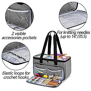 YARWO Knitting Yarn Bag, Crochet Tote with Pocket for WIP Projects, Knitting Needles(Up to 14”) and Skeins of Yarn, Gray with Arrow (Bag Only)