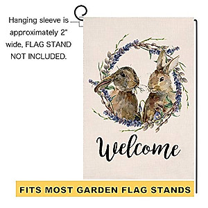 Spring Easter Bunny Lavender Welcome Garden Flag Vertical Double Sided Burlap Yard Rabbit Wreath Outdoor Decor 12.5 x 18 Inches